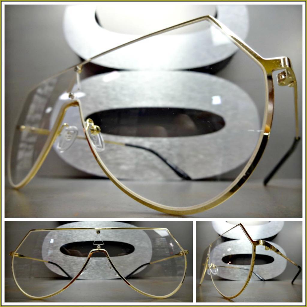 OVERSIZED RETRO SHIELD Style Flat Clear Lens EYE GLASSES Large Gold ...