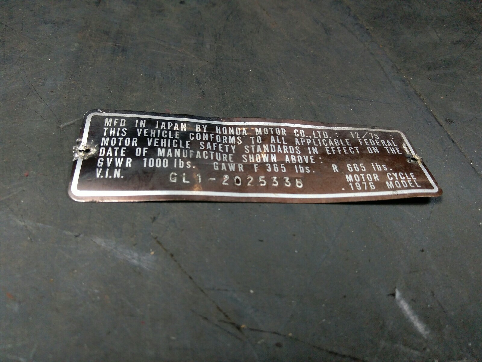 1976 Honda GoldWing GL1000 Frame Tag GL 1000 Information Plate neck ...
