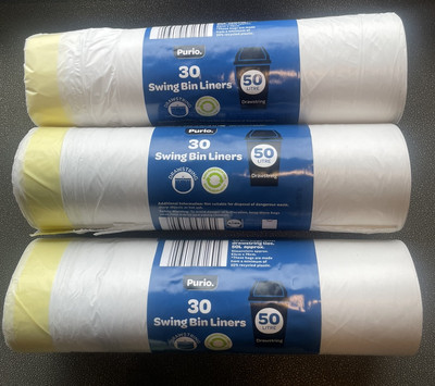 Swing Bin Liners With Drawstring 50L x 90 Bags Purio Strong 63cm x 76cm ...
