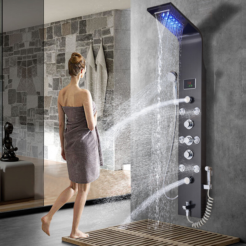 Shower Panel Column Tower LED Black Massage Body Jets Waterfall Mixer ...