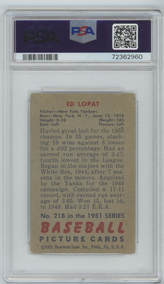 1951 Bowman Ed Lopat PSA 1 #218 New York Yankees (JM) | eBay