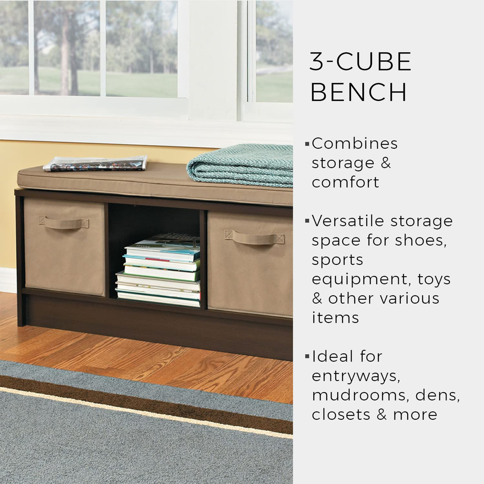 ClosetMaid 3 Cube Cubby Storage Organizer Bench w/Seat Cushion, White ...