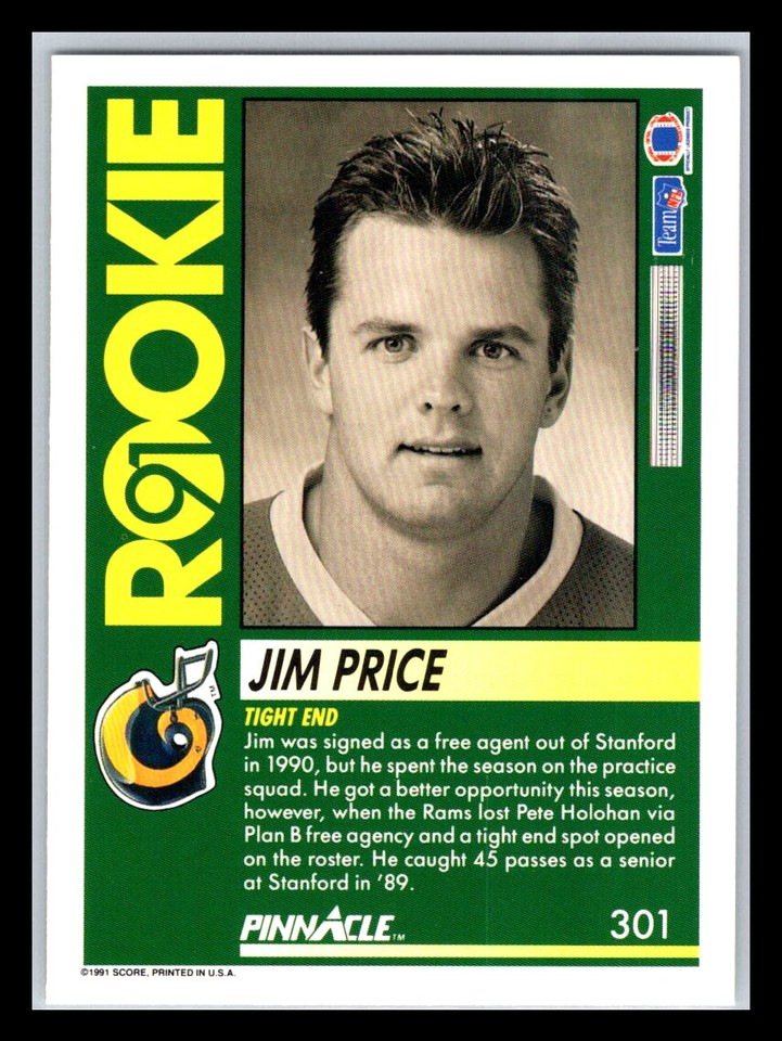 1991 Pinnacle #301 Jim Price Rookie Los Angeles Rams | eBay