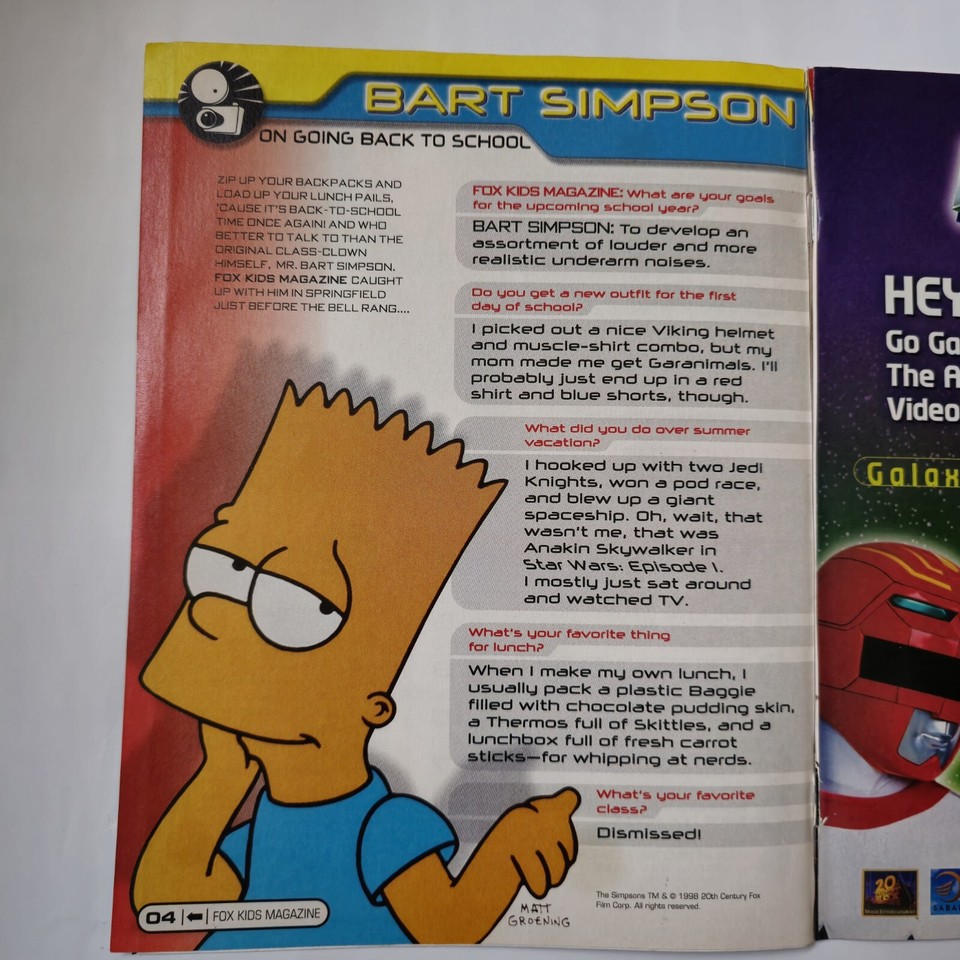 Fall 1999 Totally Fox Kids Magazine Godzilla Simpsons Power Rangers ...