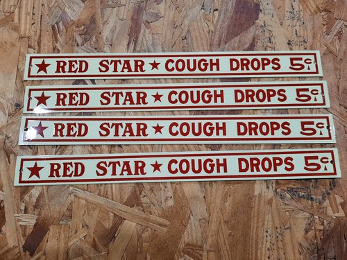 4 SCARCE RED STAR COUGH DROPS 5 CENTS PAINTED METAL STRIP SHELF DRUG ...