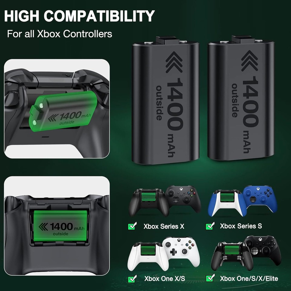 Xbox Controller Rechargeable Battery Pack for Xbox Series X|S,2X1400mAH ...