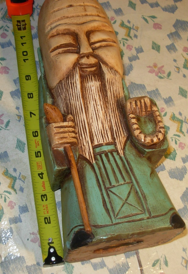 Old 12” Tall Eastern wise Man standing Wood Carved Asian wood art green ...