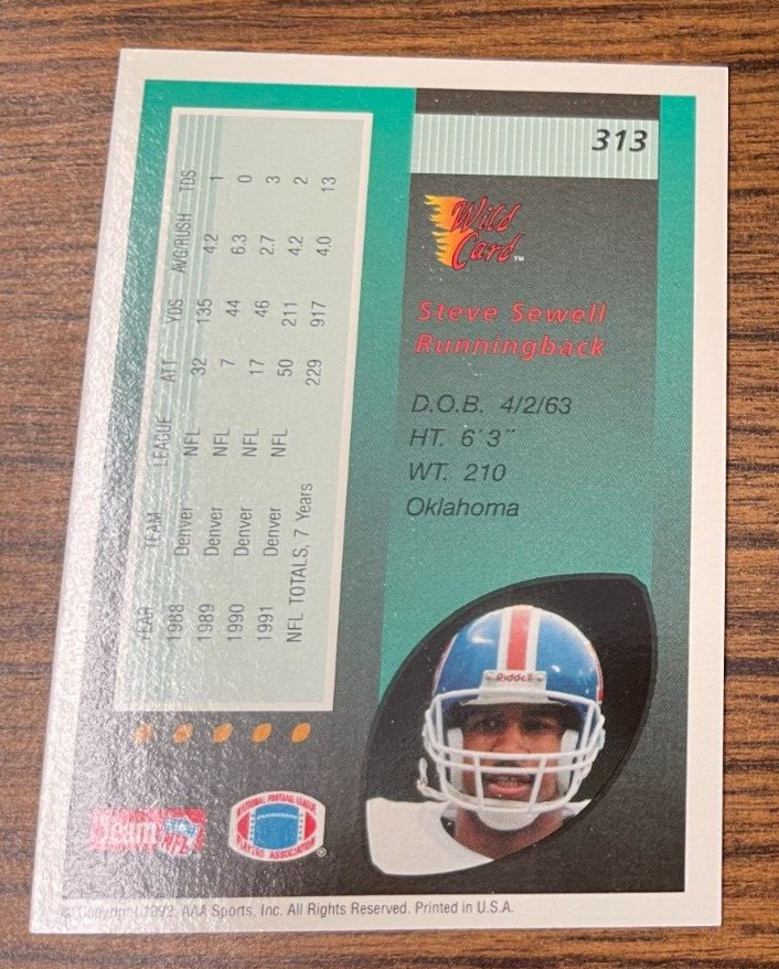 1992 Wild Card # 313 Steve Sewell - Denver Broncos | eBay