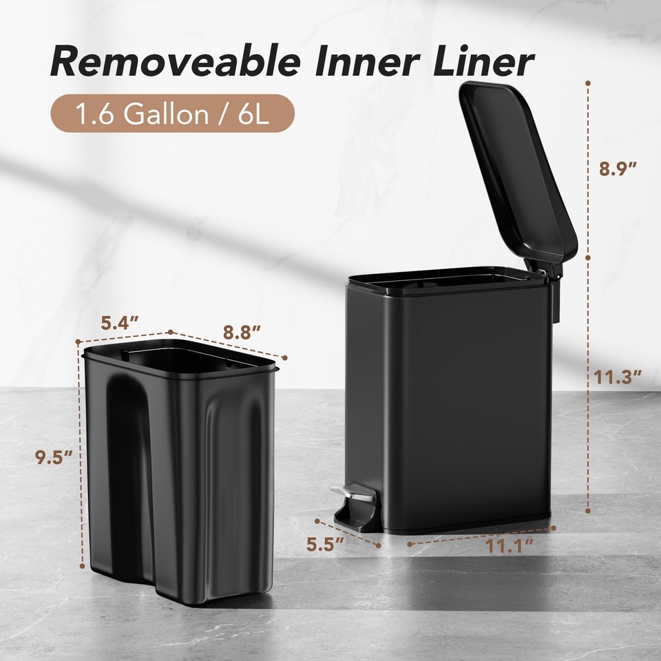 Small Trash Can with Lid Soft-Close, 6 L/1.6 Gal Bathroom Garbage Can ...