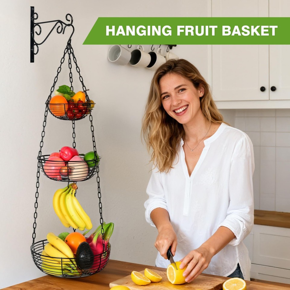 3 Tier Hanging Fruit Basket with Banana Hook, 36-Inch Heavy-Duty Wire ...