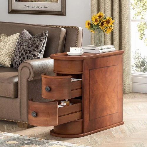 Slim Side Table with Drawers Fully Assembled Oak Brown Narrow Bedside End Table | eBay UK