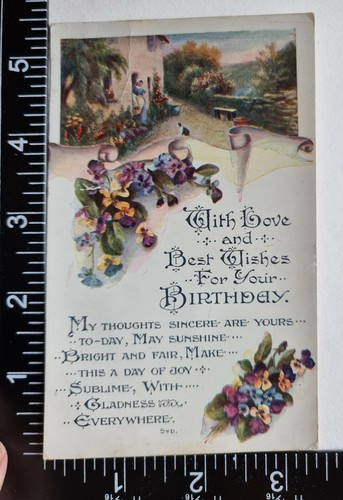 Vintage Carte Postale Anniversaire Souhaits 1920 Cottage Scène Maid ...