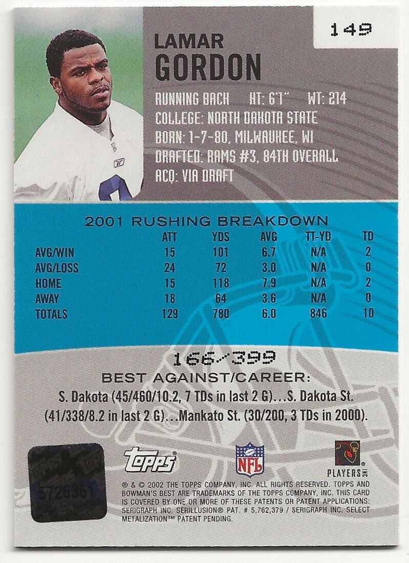 2002 Bowman's Best - Lamar Gordon #149 Blue /399 (AU, RC) for sale ...
