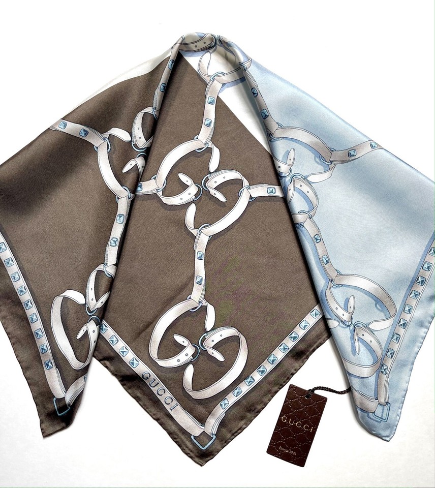 New Gucci Scarf Logo Straps Chains Brown Blue ColorBlock Silk Wrap | eBay