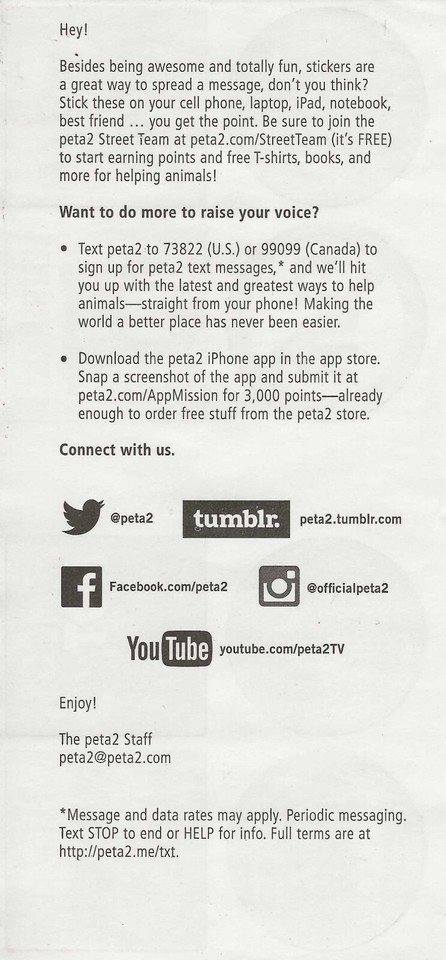 New 8 Sticker Sheet Peta Peta2 Vegetarian Activist Animal Stickers FREE ...