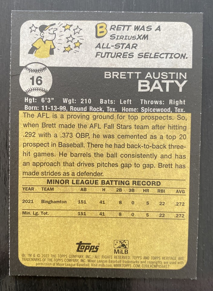 2022 Topps Heritage Minor League Brett Baty Binghamton Rumble Ponies ...