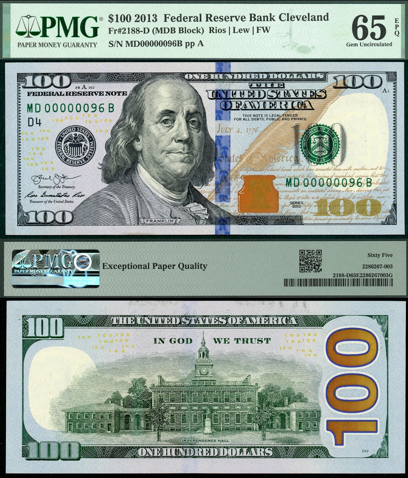 2013 $100 Federal Reserve Note FR-2188D PMG Gem 65EPQ S/N MD00000096B ...