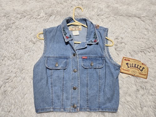Vintage 90s Tickets Denim Vest Flower Floral 7/8 Embroidered New NWT ...