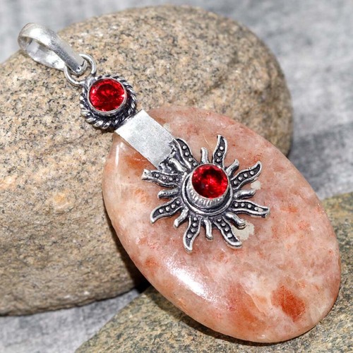 925 Silver Plated Sunstone Garnet Ethnic Cap Pendant Jewelry Size 2.8 ...