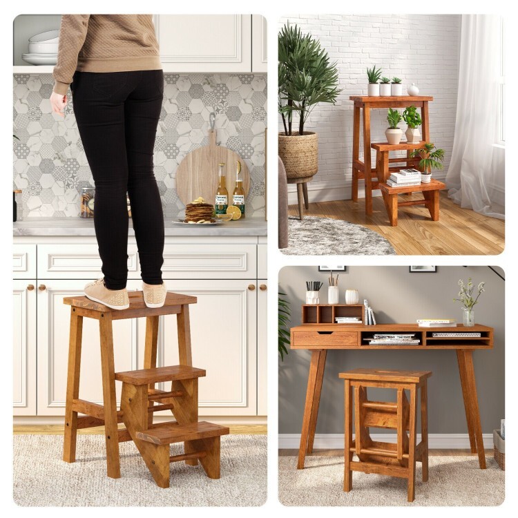 3-in-1 Multifunctional Wood Step Stool Step Ladder Folding w/Convenient ...