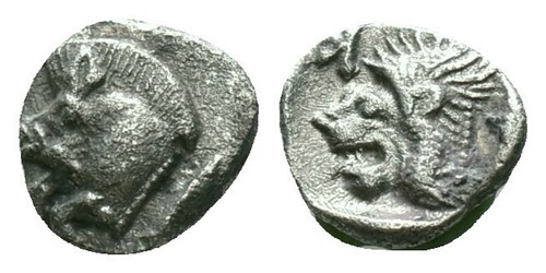 Ancient Greek coin, Silver obol, Mysia Cyzicus, boar-lion, circa 450 BC ...