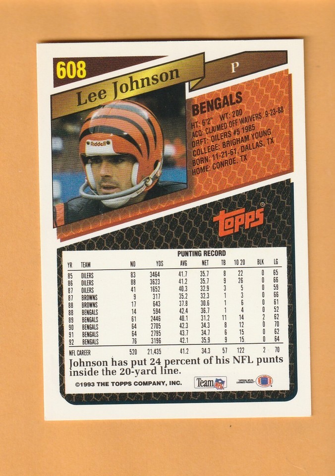 Lee Johnson Cincinnati Bengals AUTO Signed 1993 Topps Gold BYU Cougars ...