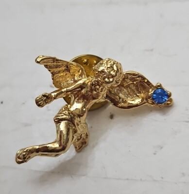 VTG Gold Toned Lapel Hat Pinback Angel Holding Blue Rhinestone Pin | eBay