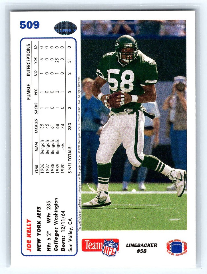 1991 Upper Deck #509 Joe Kelly Football New York Jets | eBay