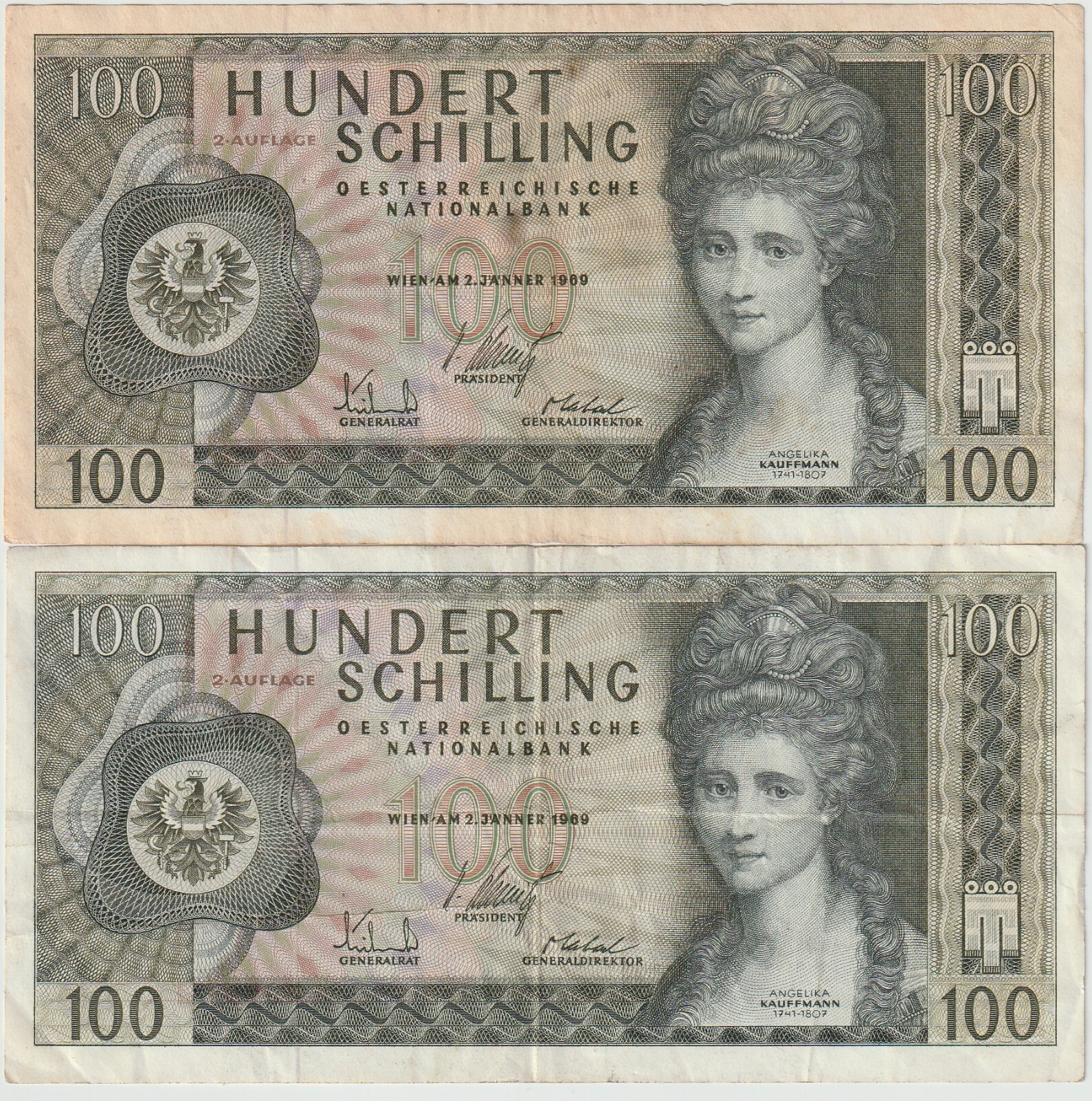 Austria Lot 2 100 Schilling Banknotes 1969 Choice Very Fine-Very Pic ...