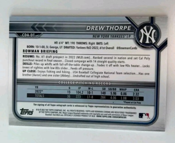 DREW THORPE 2022 Bowman Chrome 1st Bowman Autographed ROOKIE!! WHITE ...