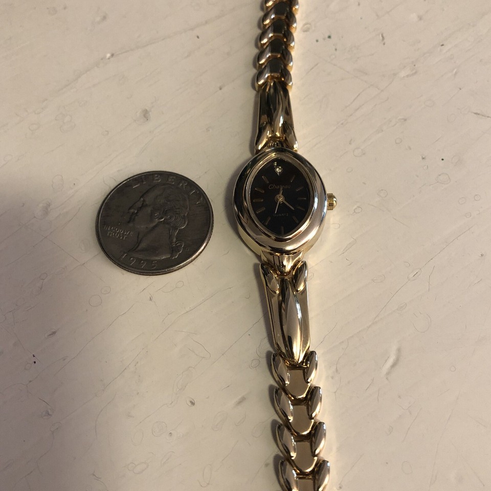 Chateau Watch Womens Silver Gold Two Tone Black Oval Dial New Battery ...