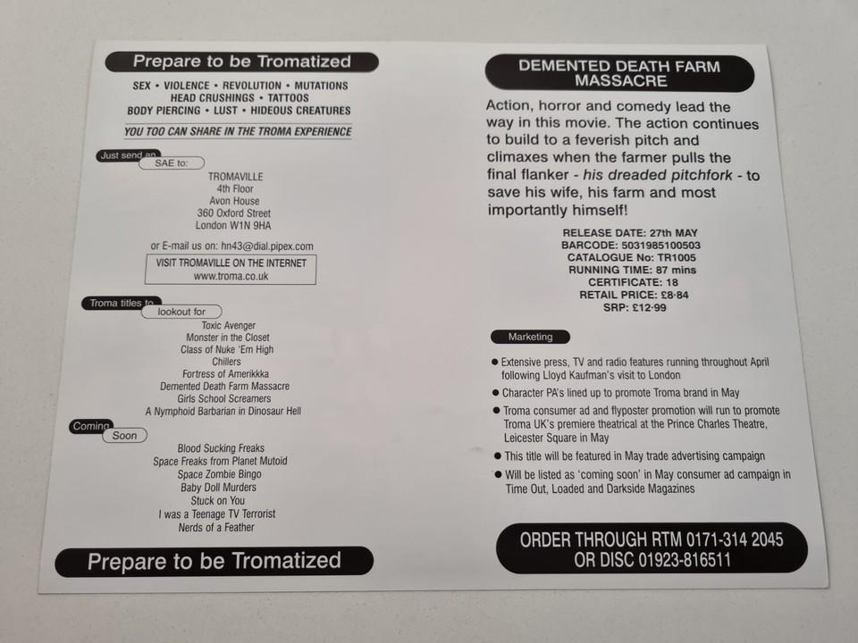 Demented Death Farm Massacre Horror Troma Sc-Fi VHS Tape promo slick | eBay