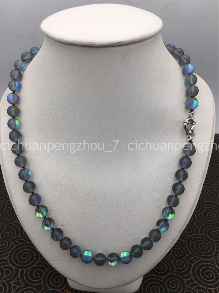 8/10/12mm White/Gray Gleamy Rainbow Moonstone Round Gems Beads Necklace ...