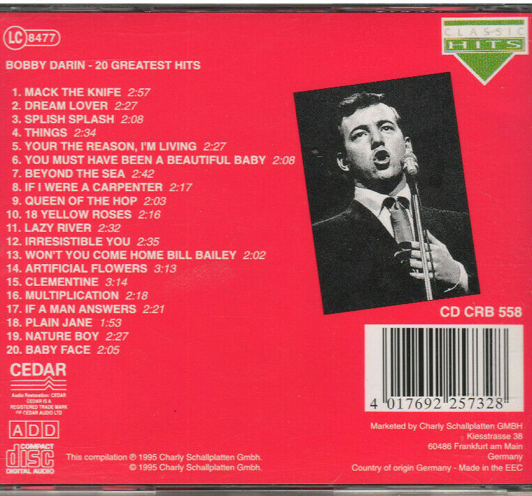 20 GREATEST HITS Bobby Darin (CD, 1995) | eBay