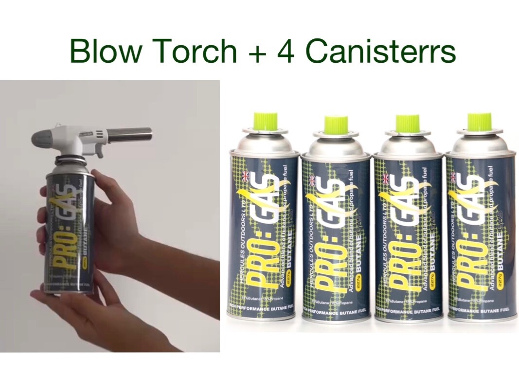 GAS BLOW TORCH + 4 BUTANE / PROPANE GAS CANISTERS 227g - 400ml UN2037 ...