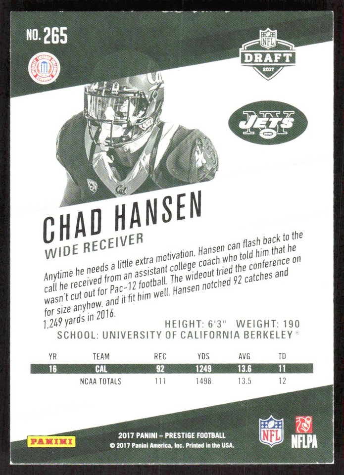 2017 5190D Panini Prestige Chad Hansen New York Jets #265 | eBay