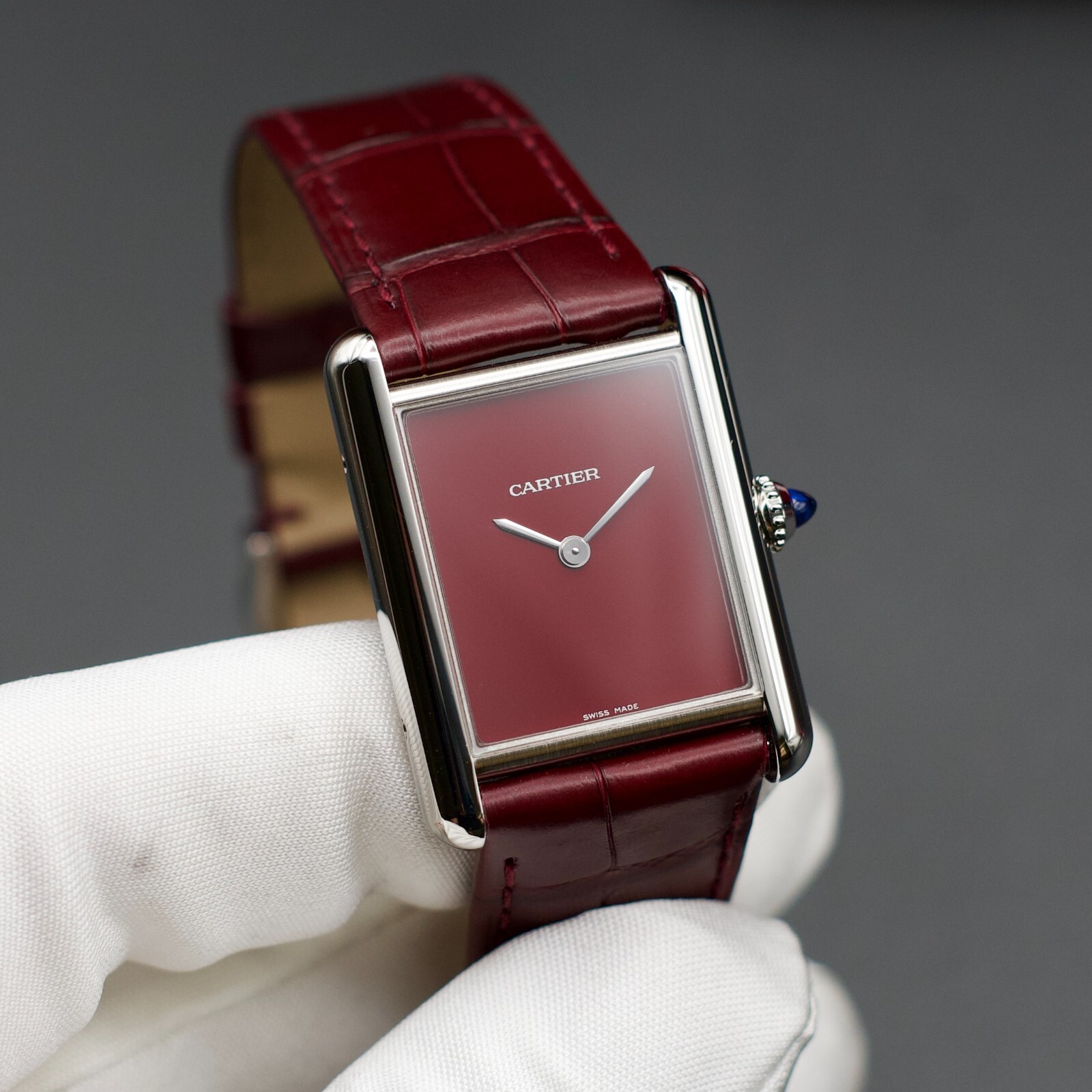Cartier Tank Must Red / Burgundy Dial Stainless Steel Quartz B&P - 33mm ...