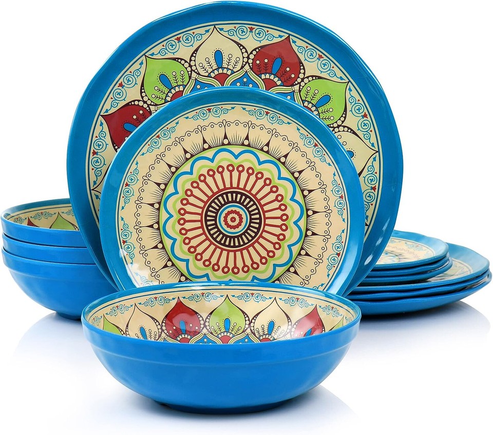 Elama Camilla 12 Piece Multicolor Mandala Pattern Melamine Dinnerware ...