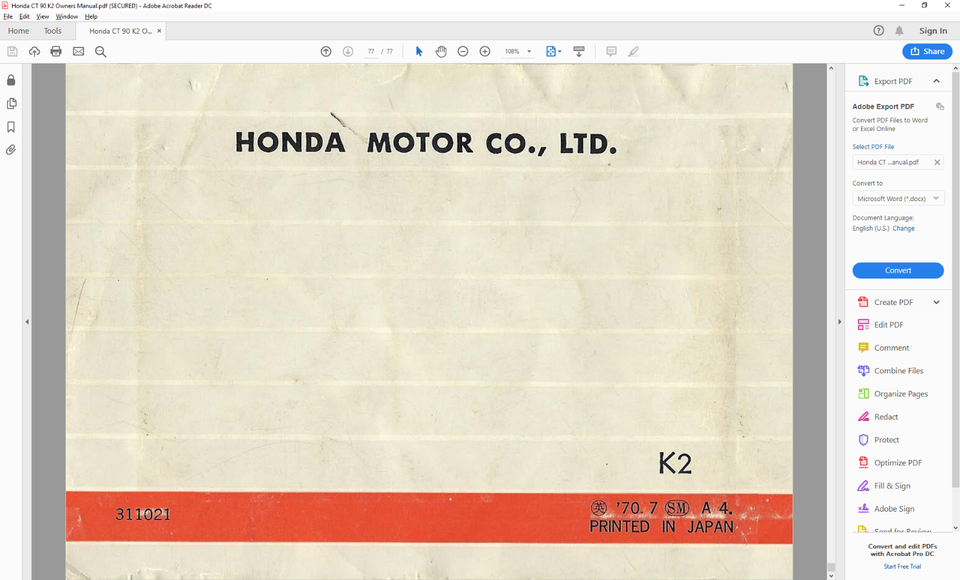 Honda 1970 CT90 K2 Owners Manual PDF Trail 90 Owner's Maintenance Trail ...