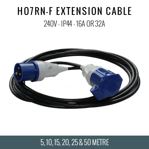 240V / 230V EXTENSION LEAD RUBBER HO7RN-F 5M-50M 16A OR 32A BLUE PLUG ...
