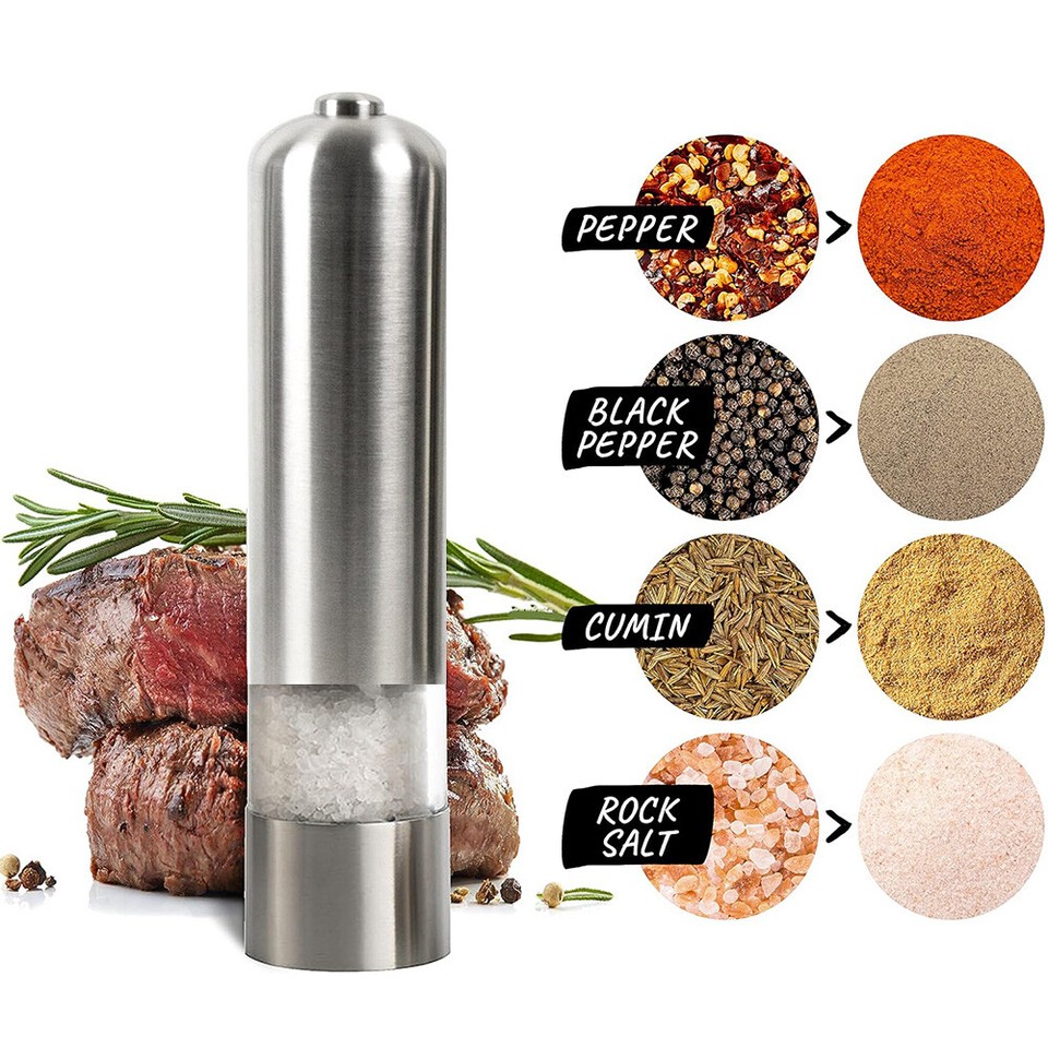 Electric Spice Salt Pepper Mill Grinder Stainless Steel Muller Battery ...