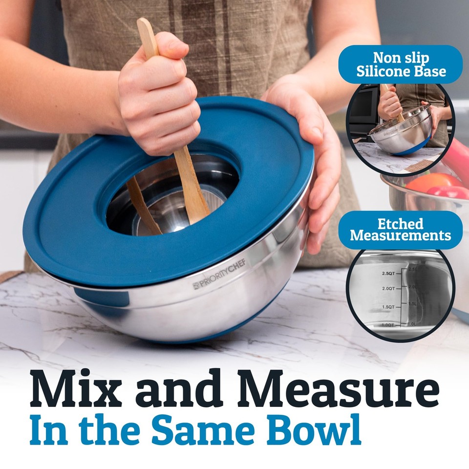 6Pc Large Mixing Bowls With Lids Set with Non-Slip Bases Stainless ...