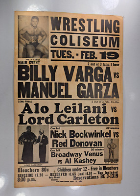 Vintage Wrestling Poster 1950's: Count Billy Varga Vs. Manuel Garza ...