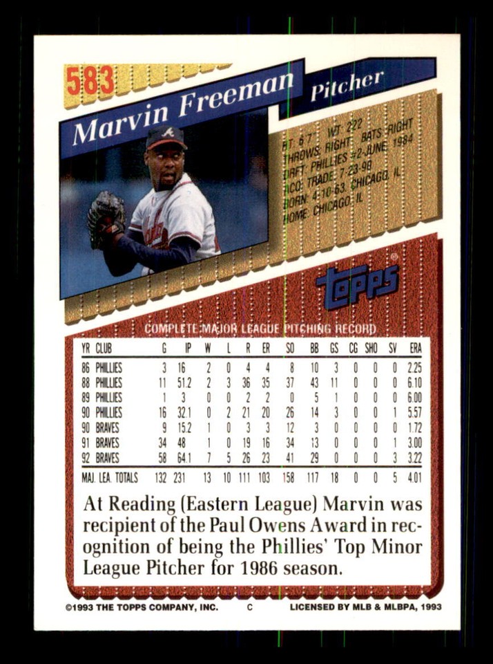 1993 Baseball Topps Marvin Freeman Atlanta Braves #583 | eBay