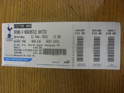 11/02/2012 Ticket: Tottenham Hotspur v Newcastle United . Footy Progs ...