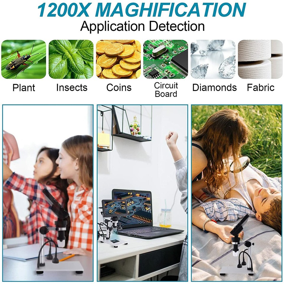 7" LCD 1080P Digital Microscope 1200X Magnifier +Video Recorder +Remote ...