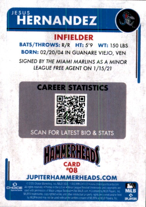 2025 Jupiter Hammerheads Choice #8 Jesus Hernandez Venezuela VZ NM ...