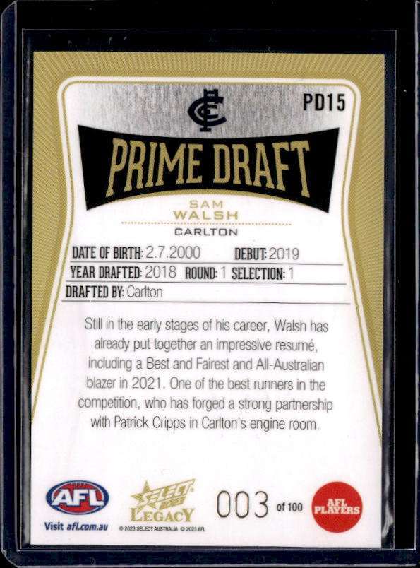 2023 AFL SELECT LEGACY, SAM WALSH PRIME DRAFT 003/100 LOW CARLTON | eBay