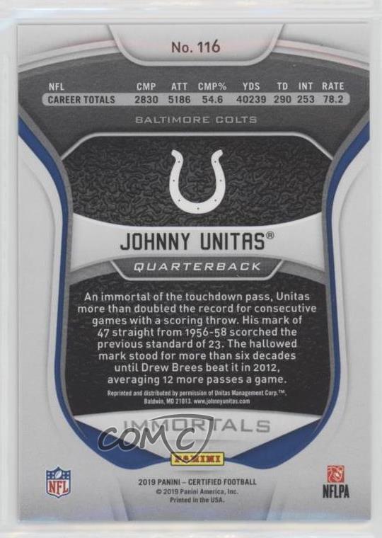 2019 Panini Certified - Immortals Mirror Red #116 Johnny Unitas /99 for ...