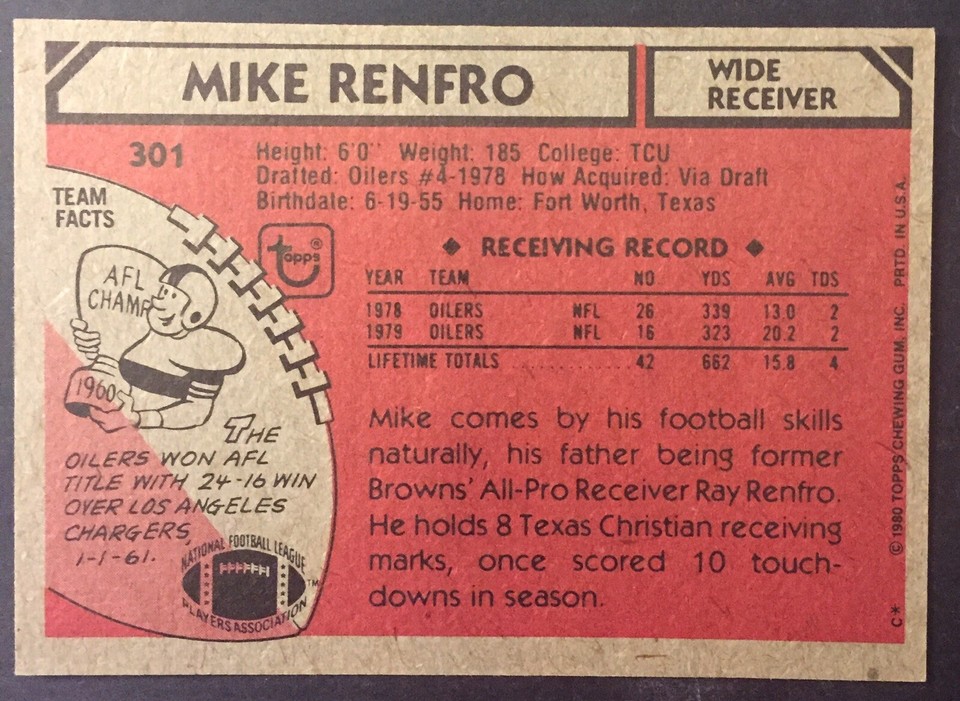 1980 Topps #301 MIKE RENFRO Houston Oilers ROOKIE - EXMT 02 | eBay